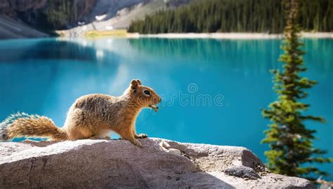Ground Squirrel Grazing Against The Backdrop Of Serene Moraine Lake