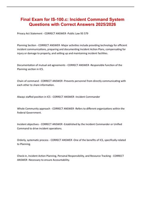 Final Exam For Is 100c Incident Command System Questions With Correct