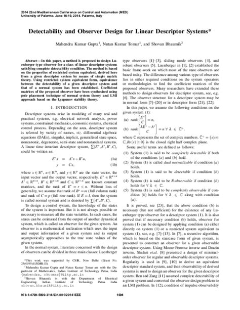 Pdf Detectability And Observer Design For Linear Descriptor Systems