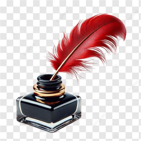 Red Quill Pen Dipped In A Glass Inkwell With Black Ink On White