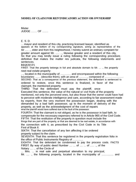 Model Of Claim For Recovery Action Or Ownership Pdf Property
