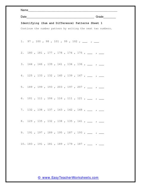 Number Patterns Classwork Worksheet Pdf