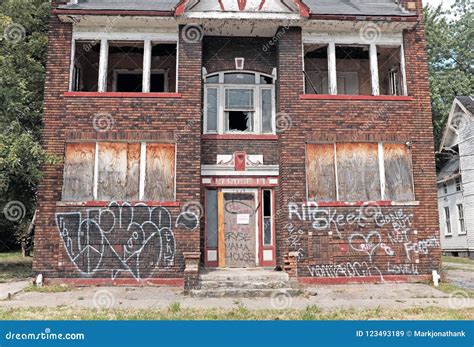 Abandoned Boarded Up Apartment Building In East Cleveland Ohio Usa