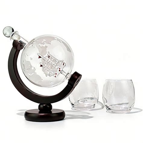 Cigoak Whiskey Globe Decanter Set With 2 Etched Globe Glasses Home Bar Accessories Cigoak