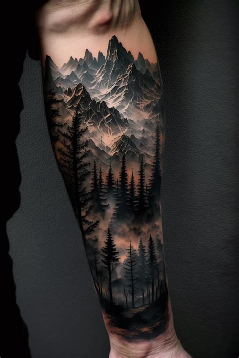 Tattoo Of Forest And Mountains On The Forearm In Color Realism Half