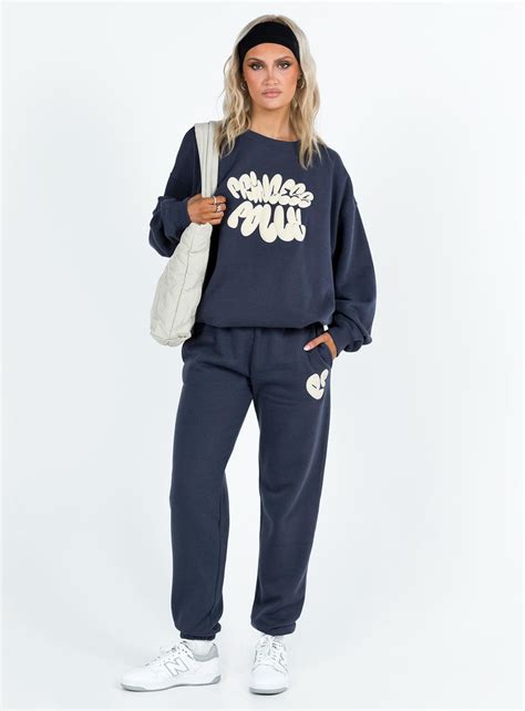 Princess Polly Crew Neck Sweatshirt Bubble Text Slate Eggshell Princess Polly Au