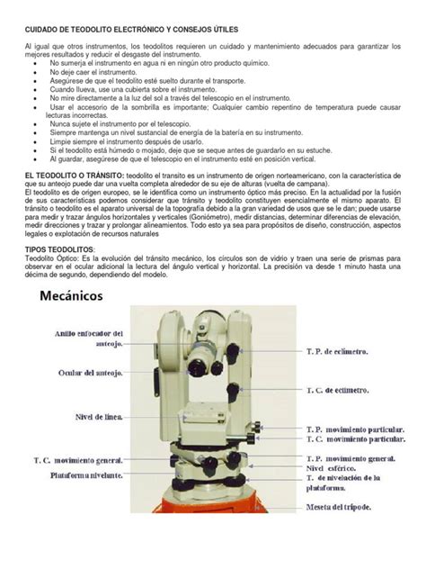 Cuidado Del Teodolito El Teodolito Y Sus Parte Pdf