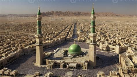 Aerial View Of Al Masjid An Nabawi With Cityscape And Desert Backdrop