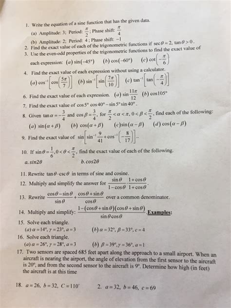 Solved Write The Equation Of A Sine Function That Has The Chegg