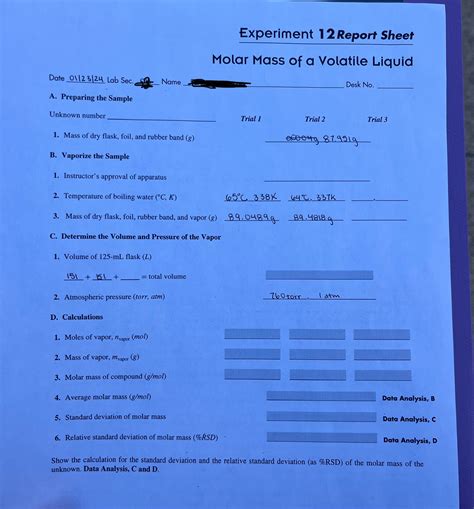 solved experiment 12 ﻿report sheetmolar mass of a volatile