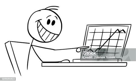 행복 성공적인 사업가 또는 컴퓨터에 금융 그래프를 제기 보여주는 투자자 벡터 만화 스틱 그림 일러스트 드로잉에 대한 스톡 벡터