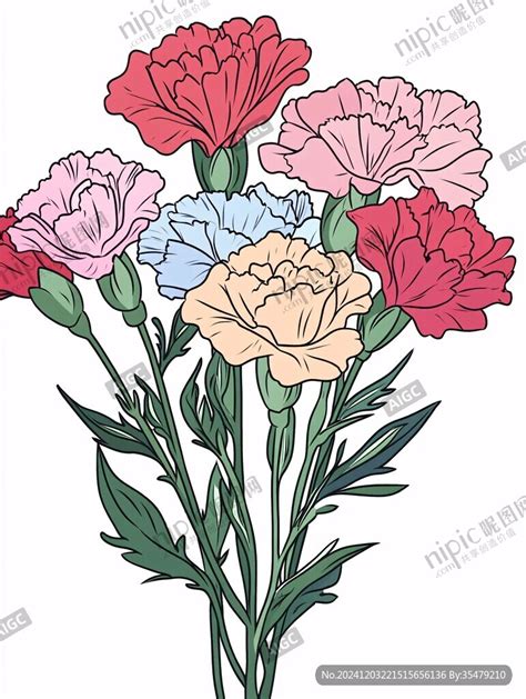 Ai创作图手绘康乃馨 康乃馨素材 康乃馨抠图 花卉手绘填色 线描康乃馨 撞色花艺手绘 花朵康乃馨 手绘洋牡丹 插画描线花朵 植物花朵描线 手绘