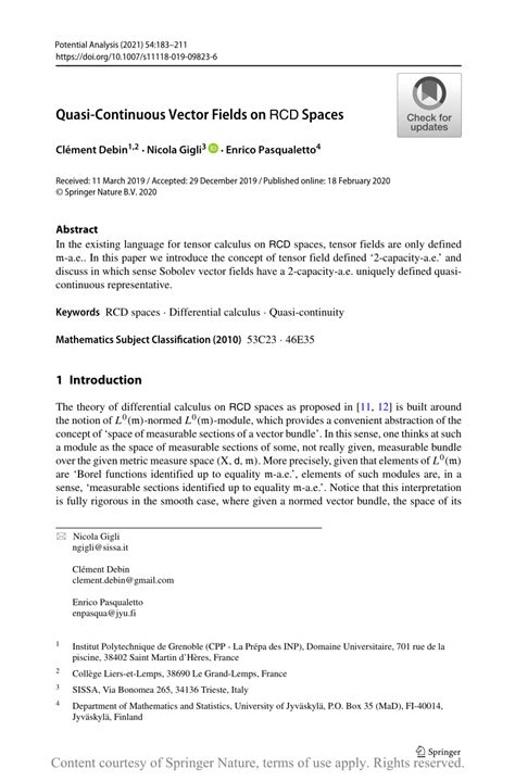 Quasi Continuous Vector Fields On Rcd Spaces Request Pdf