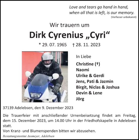 Traueranzeigen Von Dirk Cyrenius Trauer Anzeigende