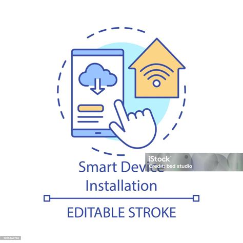 스마트 장치 설치 개념 아이콘입니다 전자 기기 아이디어 얇은 라인 그림에 대한 홈 서비스 스마트 홈 컨트롤러 홈 오토메이션 시스템 벡터 절연 도면 편집 가능한 스트로크 가정