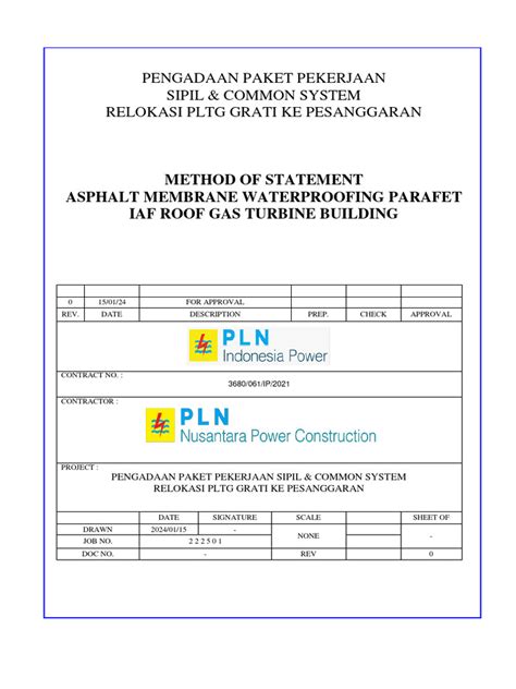 Method Of Statement Membrane Waterproofing Parafet Iaf Roof Pdf