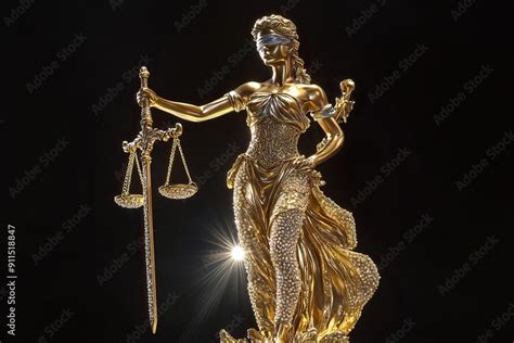 Gold Statue Of Lady Justice With Scales And Sword Encrusted With
