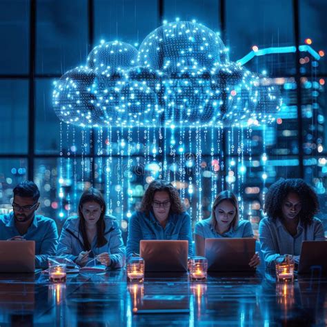 Diverse Team Working On Laptops In A Futuristic Cloud Computing