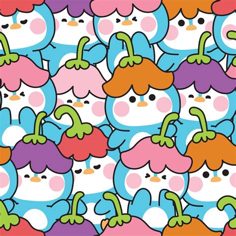 Repeat Seamless Pattern Of Cute Penguin Wear Flower Hat In Various