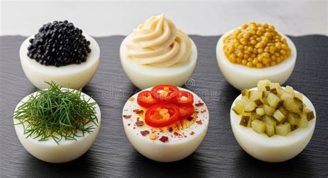 Gourmet Deviled Eggs With Diverse Toppings On Black Slate Surface Stock Image Image Of Dill