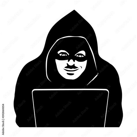 Male Hacker At A Laptop Black Silhouette With A Closed Face Cyber Attack Vector Illustration