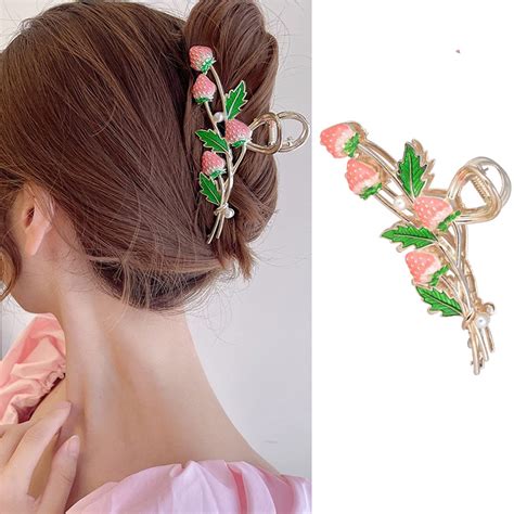 Strawberry Hair Claw Clips For Thick Hair Metal Large Pink