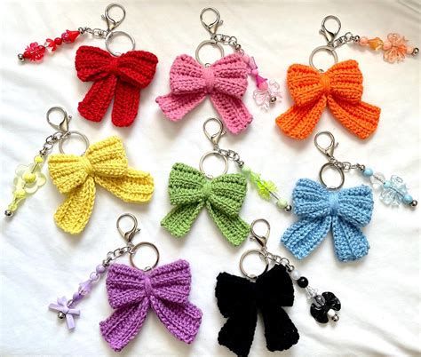 Crochet Bow Keychain Cute Customizable Bow Keychain With Beaded