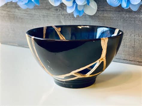Kintsugi Bowl Kintsugi Blue Bowl Kintsugi Pottery Minimalist Home Decor Kintsugi Kit Home