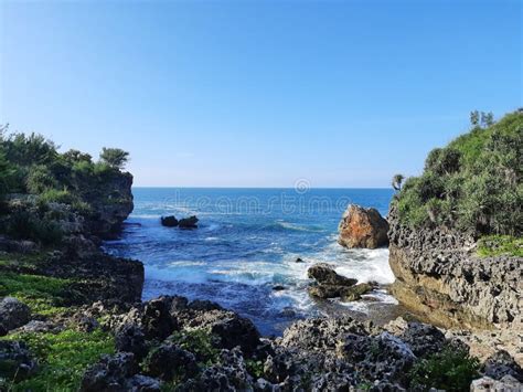 Ocean View Full Of Rocks With Green Grass Above Stock Image Image Of