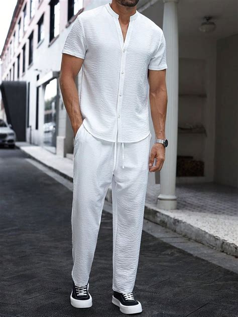 2pcs White Long Pants And Short Sleeve Shirt Set Mens Outfits Clothes