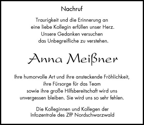 Traueranzeigen Von Anna Meißner Schwarzwälder Bote Trauer
