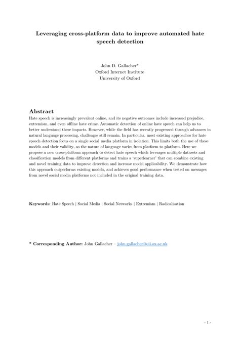 Pdf Leveraging Cross Platform Data To Improve Automated Hate Speech