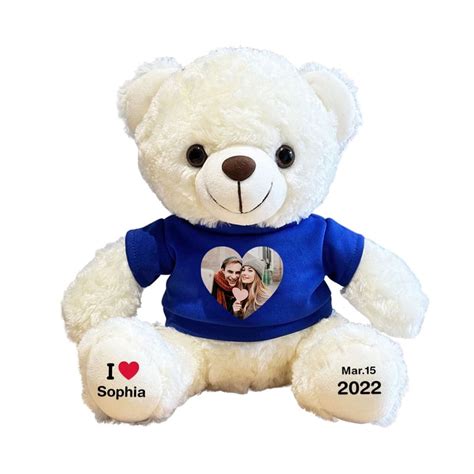 Custom Plush Teddy Bear With Photo Blue Shirt Personalized Name