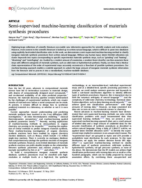 Pdf Semi Supervised Machine Learning Classification Of Materials Synthesis Procedures