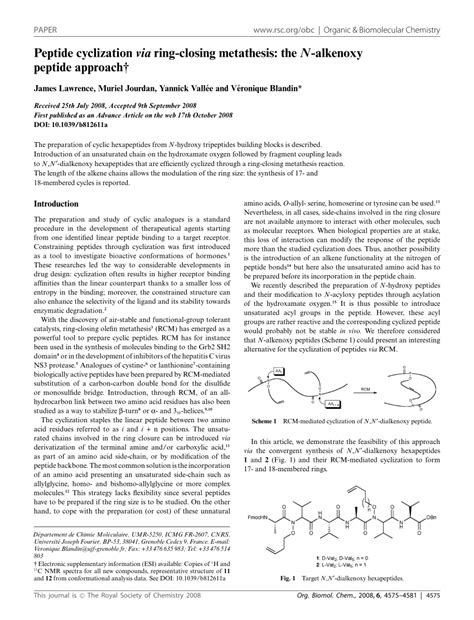 Pdf Peptide Cyclization Via Ring Closing Metathesis The N Alkenoxy Peptide Approach