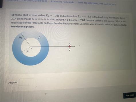 solved spherical shell of inner radius r1 1 3r and outer