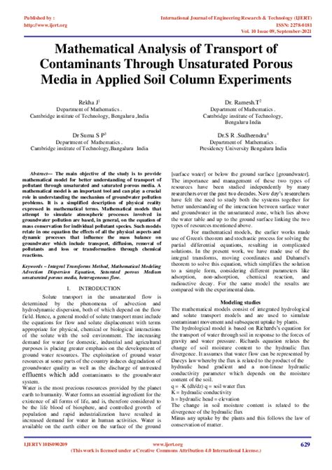 Pdf Mathematical Analysis Of Transport Of Contaminants Through