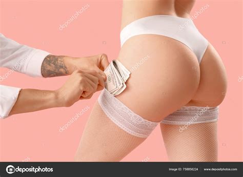 Male Client Giving Dollar Banknotes Prostitute Pink Background Closeup