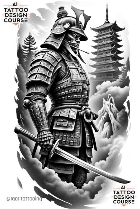 Realistic Samurai And Pagoda Tattoo Design Japanese Warrior Scene