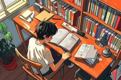 Academic Dedication Boy Immersed In Books Illustration Stock