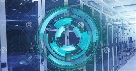 Image Of Loading Circles And Computer Language Over Lens Flares Against Server Room Stock