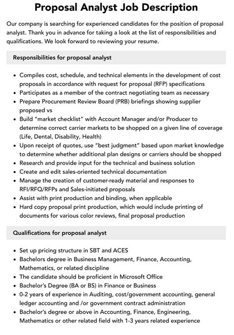 Proposal Analyst Job Description Velvet Jobs