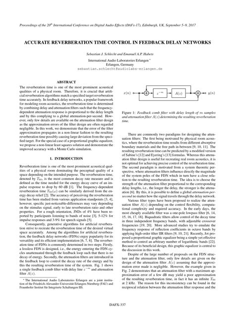 Pdf Accurate Reverberation Time Control In Feedback Delay Networks