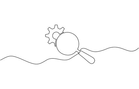 Gears Inside Magnifying Glass In Continuous Line Drawing Concept Of