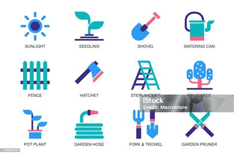 간단한 평면 디자인으로 설정된 웹 아이콘의 정원 개념 햇빛 묘목 삽 물을 수있는 팩 울타리 도끼 접사 다리 과일 나무 화분 식물 가지 치기 모바일 앱용 벡터 픽토그램