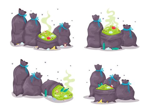 Premium Vector Set Of Trash Bags With Smelly Garbage Black Sacks Full Of Litter In Cartoon