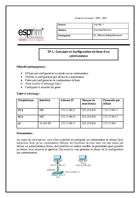 Tp 1 Concepts Et Configuration De Base Dun Commutateur Année Universitaire 202 4 2025