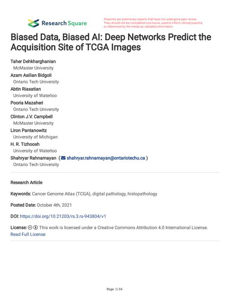 Pdf Biased Data Biased Ai Deep Networks Predict The Acquisition Site Of Tcga Images