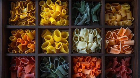 Pasta Assorted Set Of Different Types Of Paste In The Cells Of A Wooden