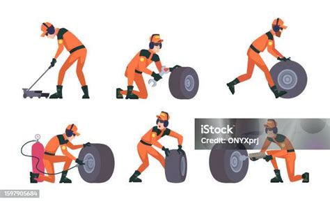 피트 스탑 경주용 자동차에서 타이어를 교체하는 스포츠 레이서 역학 정확한 벡터 일러스트레이션 세트 Championship에 대한